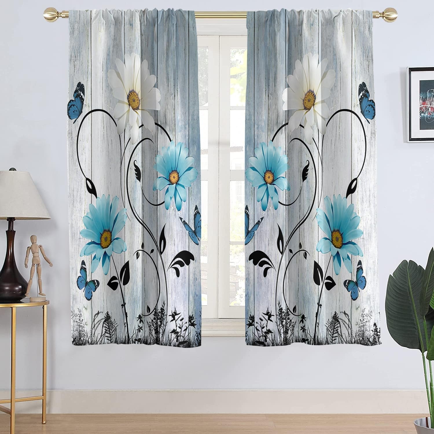 Blue Floral Window Curtain Rustic Flowers White Daisy Butterfly Wood ...