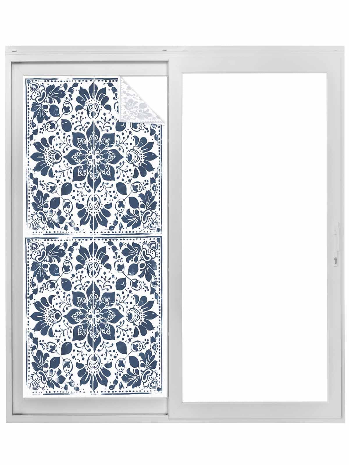 Blue Floral Window Privacy Film, Ethnic Boho Botanical Geometric Art ...