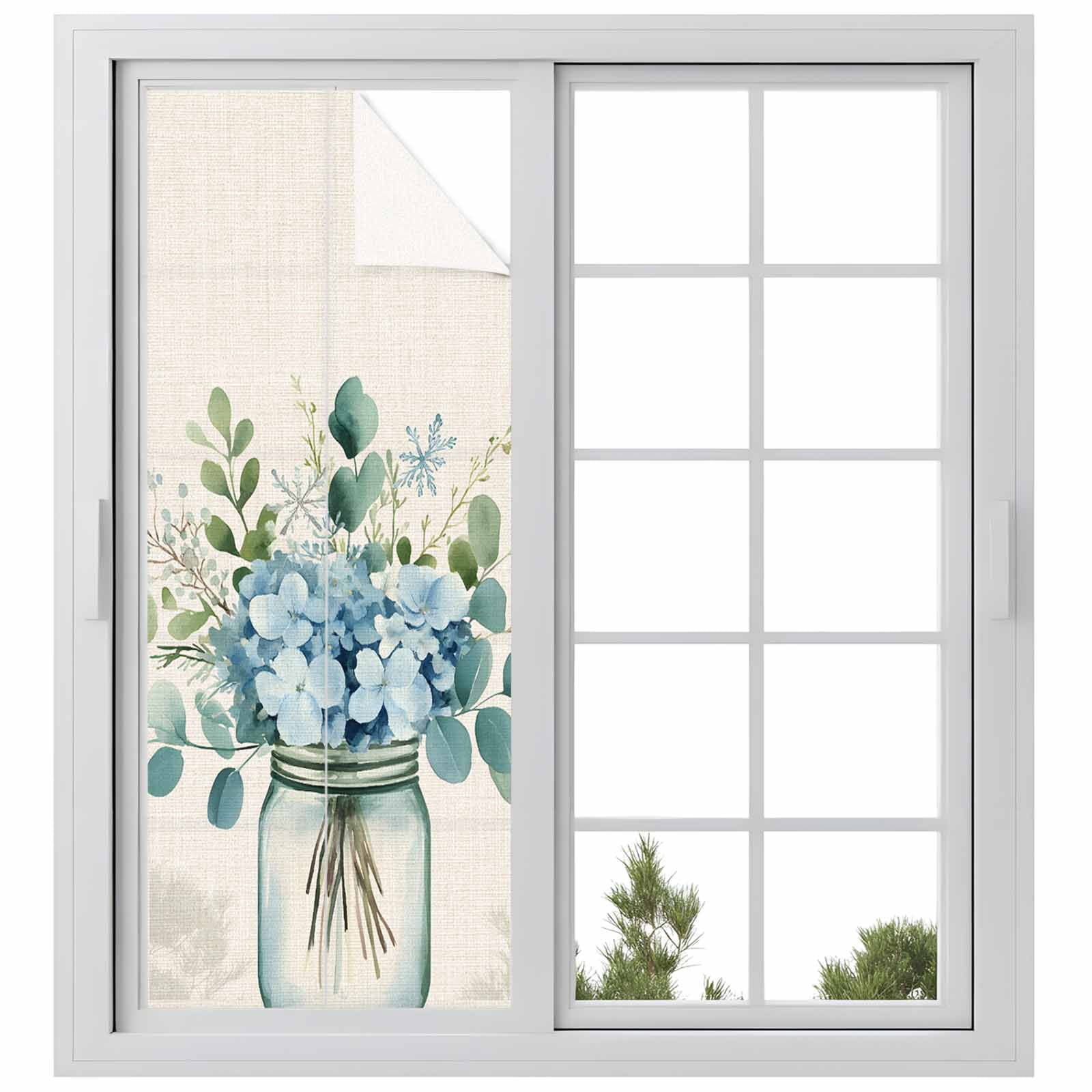 Blue Floral Window Privacy Film Pastoral Eucalyptus Leaf Linen Texture ...