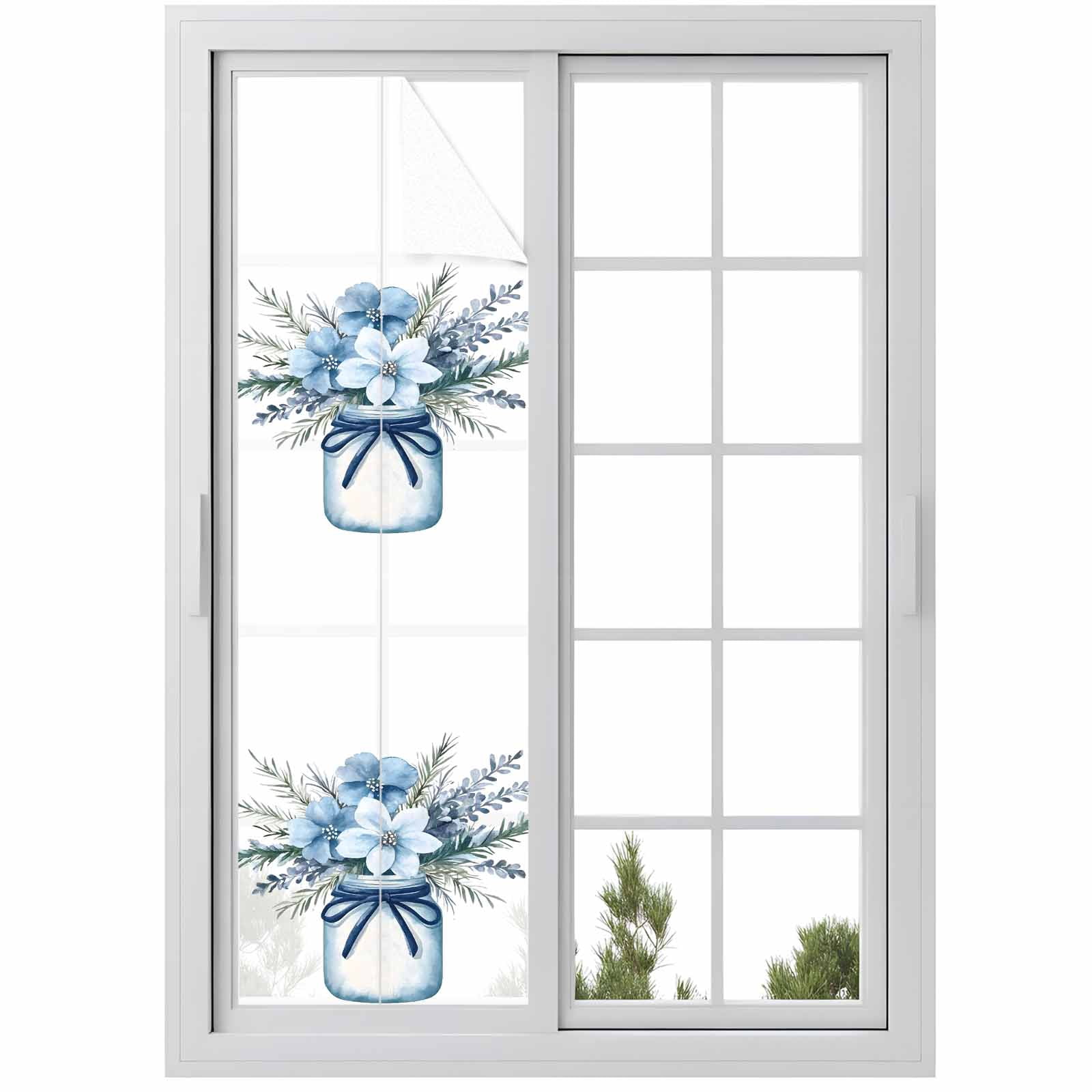 Blue Floral Window Privacy Film Pastoral Eucalyptus Leaf Vase ...