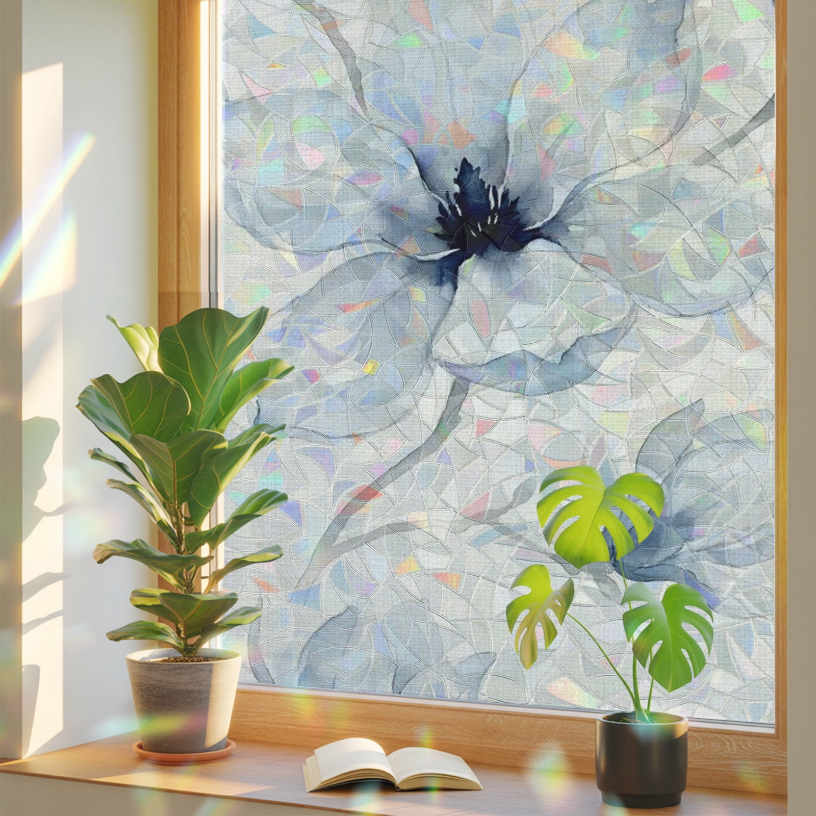 Blue Floral Window Privacy Film Rainbow Static Cling Stain Glass Window ...
