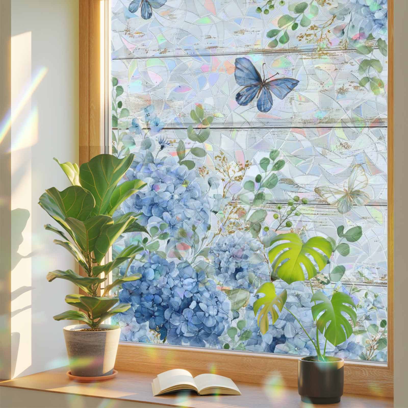 Blue Floral Window Privacy Film, Summer Country Hydrangea Floral ...