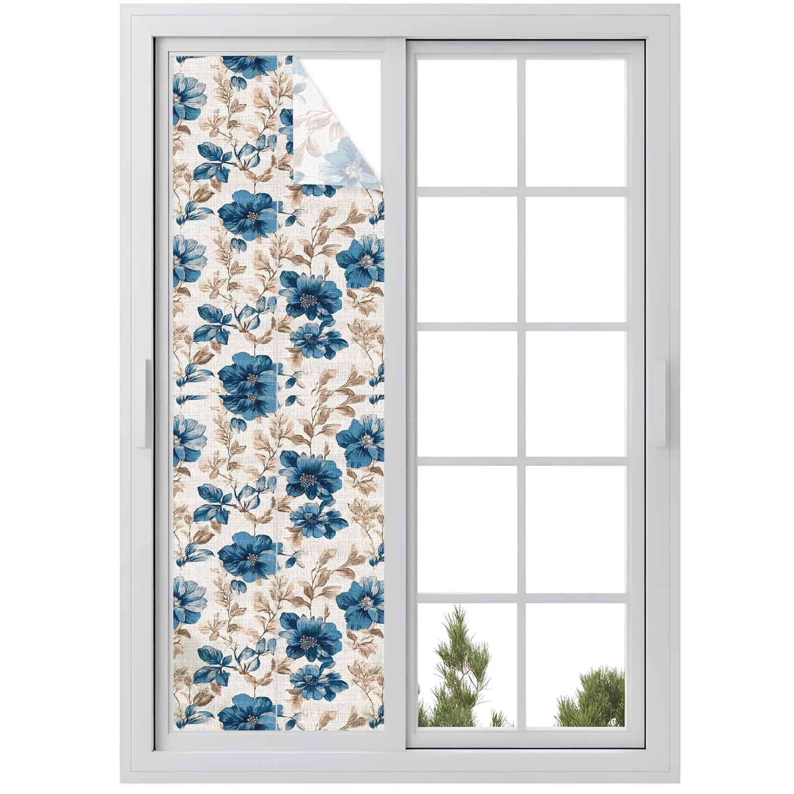 Blue Floral Window Privacy Film, Vintage Flower Botanical Brown Leaves ...