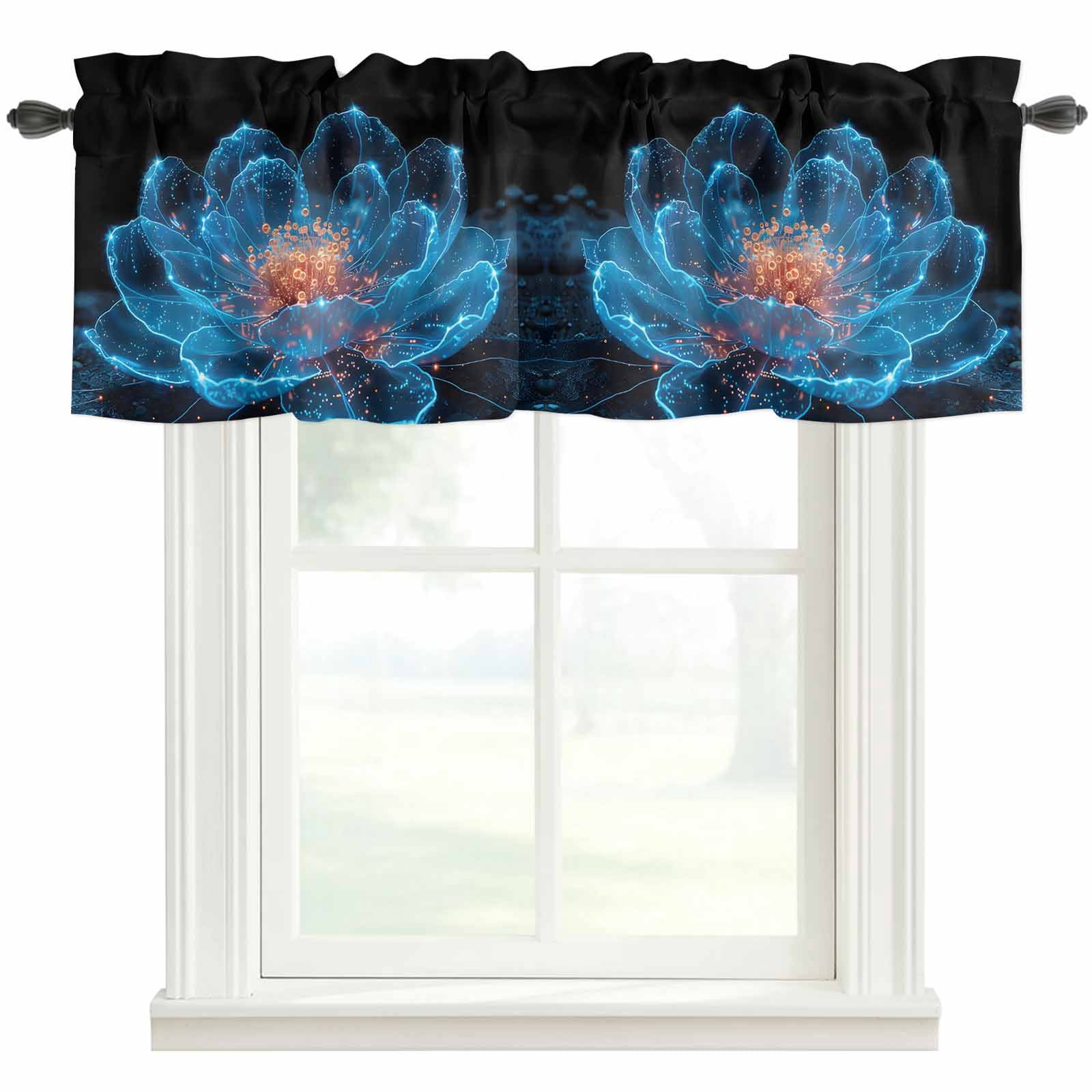 Blue Floral Window Valance Curtain Abstract Luminescent Flowers Rod ...