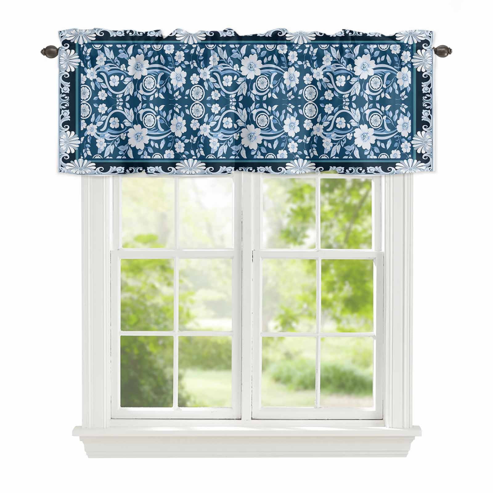 Blue Floral Window Valance Curtain Vintage Flower Frame Rod Pocket ...