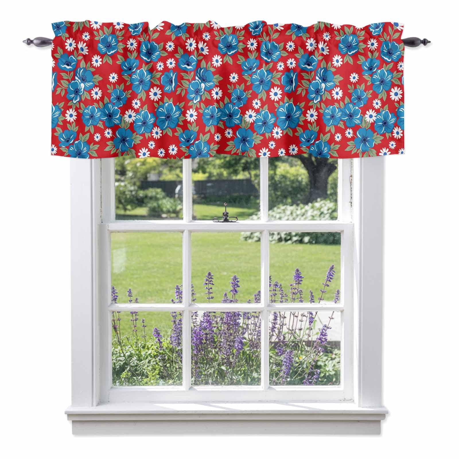 Blue Floral Window Valance for Kitchen, Flower Leaves Farmhouse Red ...