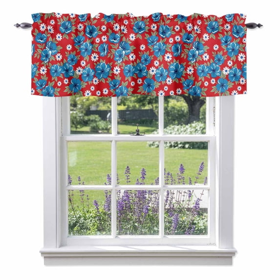 Blue Floral Window Valance for Kitchen, Flower Leaves Farmhouse Red ...