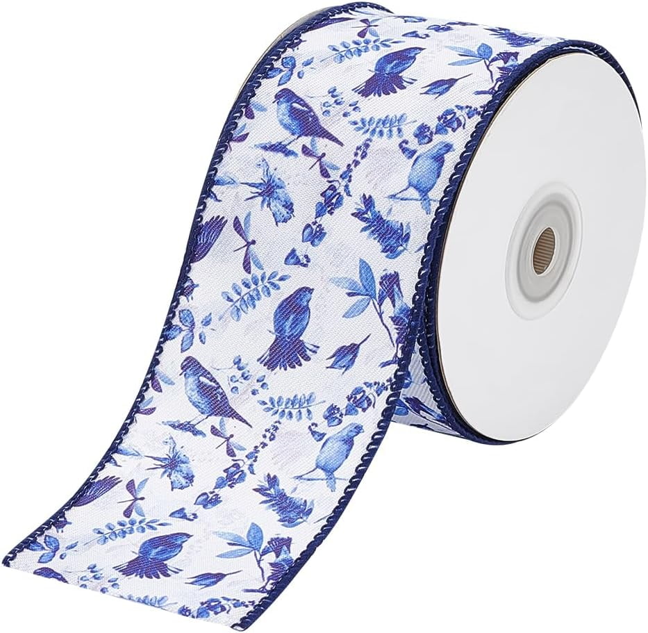 Blue Floral Wired Ribbon Blue Flower Birds Theme Ribbon Chinoiserie ...