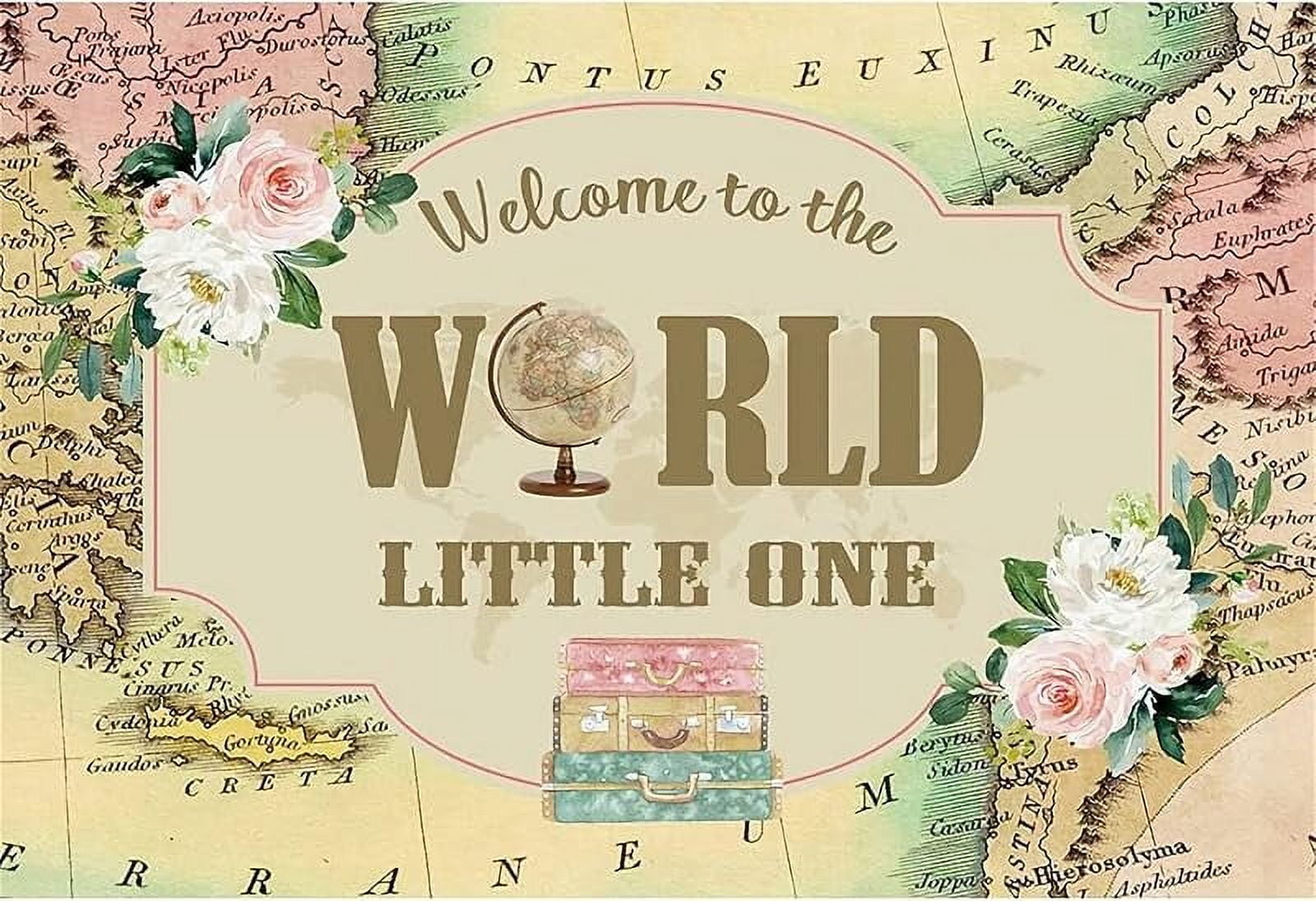 Blue Floral World Map Party Backdrop Welcome to The World Little One ...