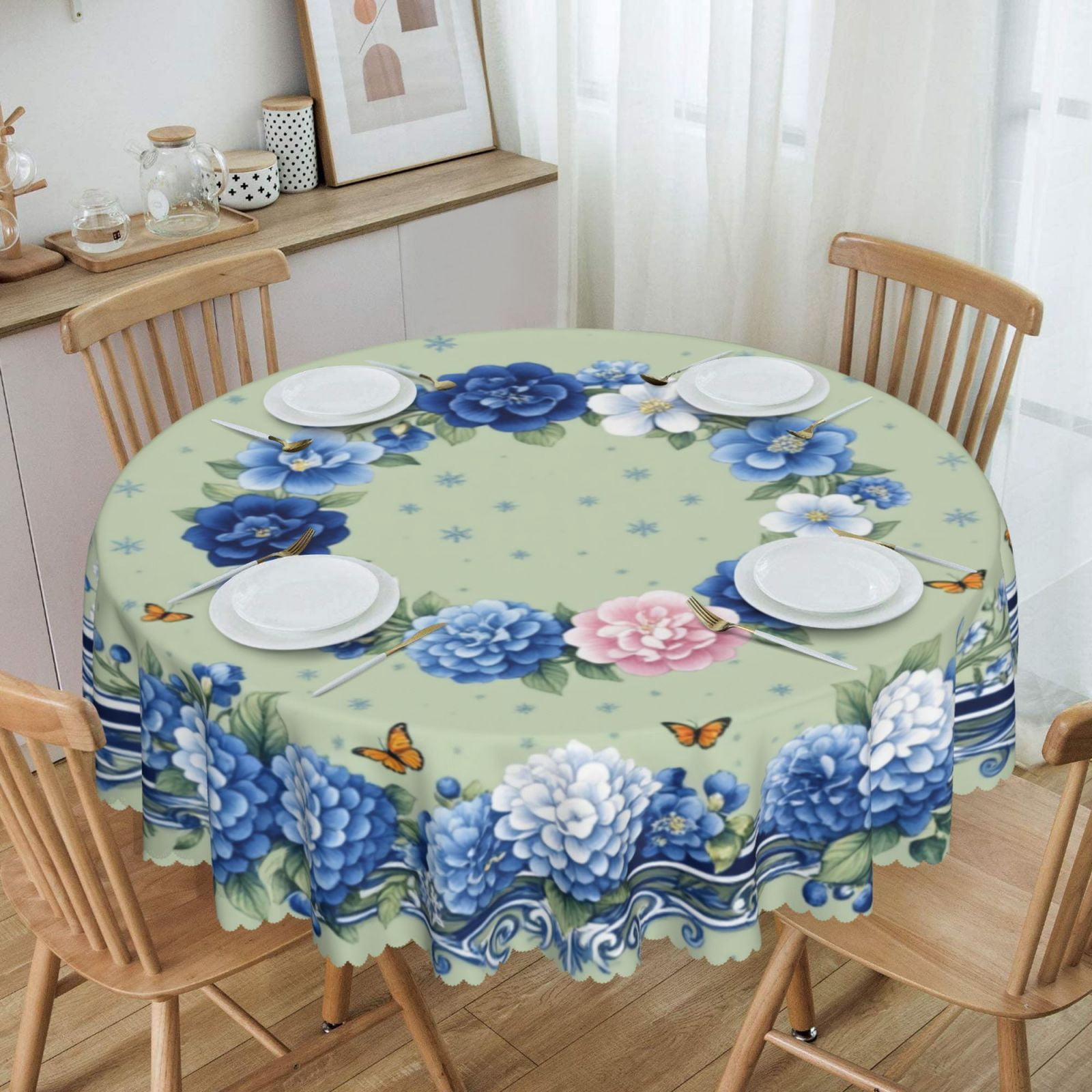 Blue Floral Wreath Plate With Butterflies Round Tablecloth Waterproof ...