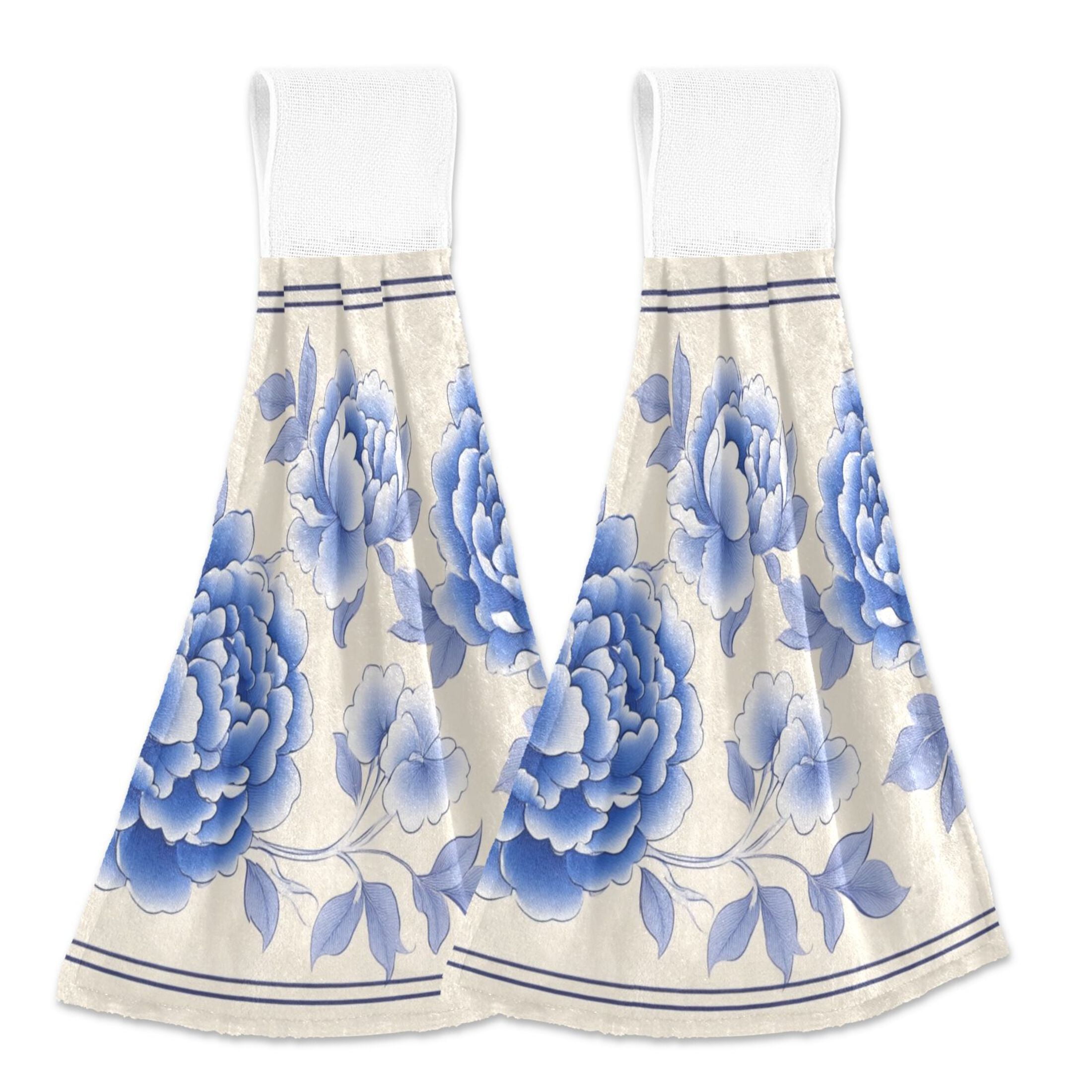 Blue Florals Decorative Frame Hanging Towels with Loop Hand Towels ...