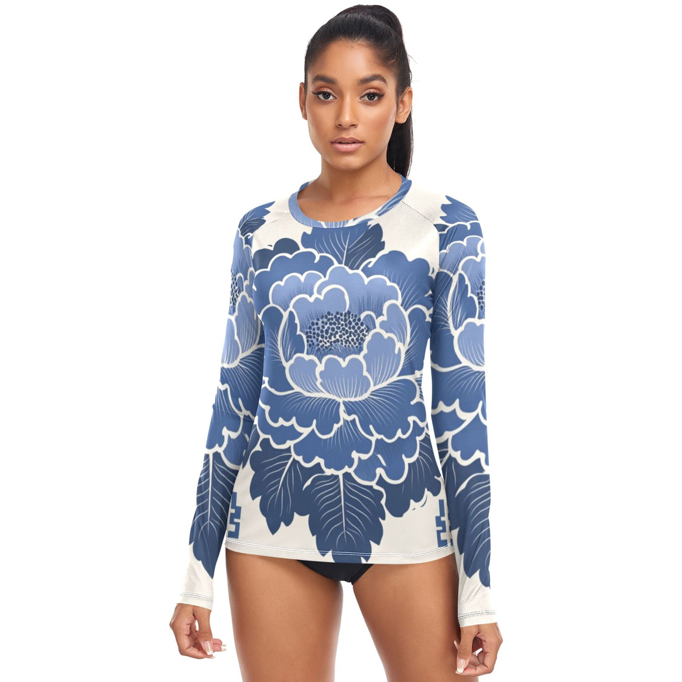 Blue Florals Leaves Elegant Frame Women's Rash Guard Shirts UPF 50+ Sun ...