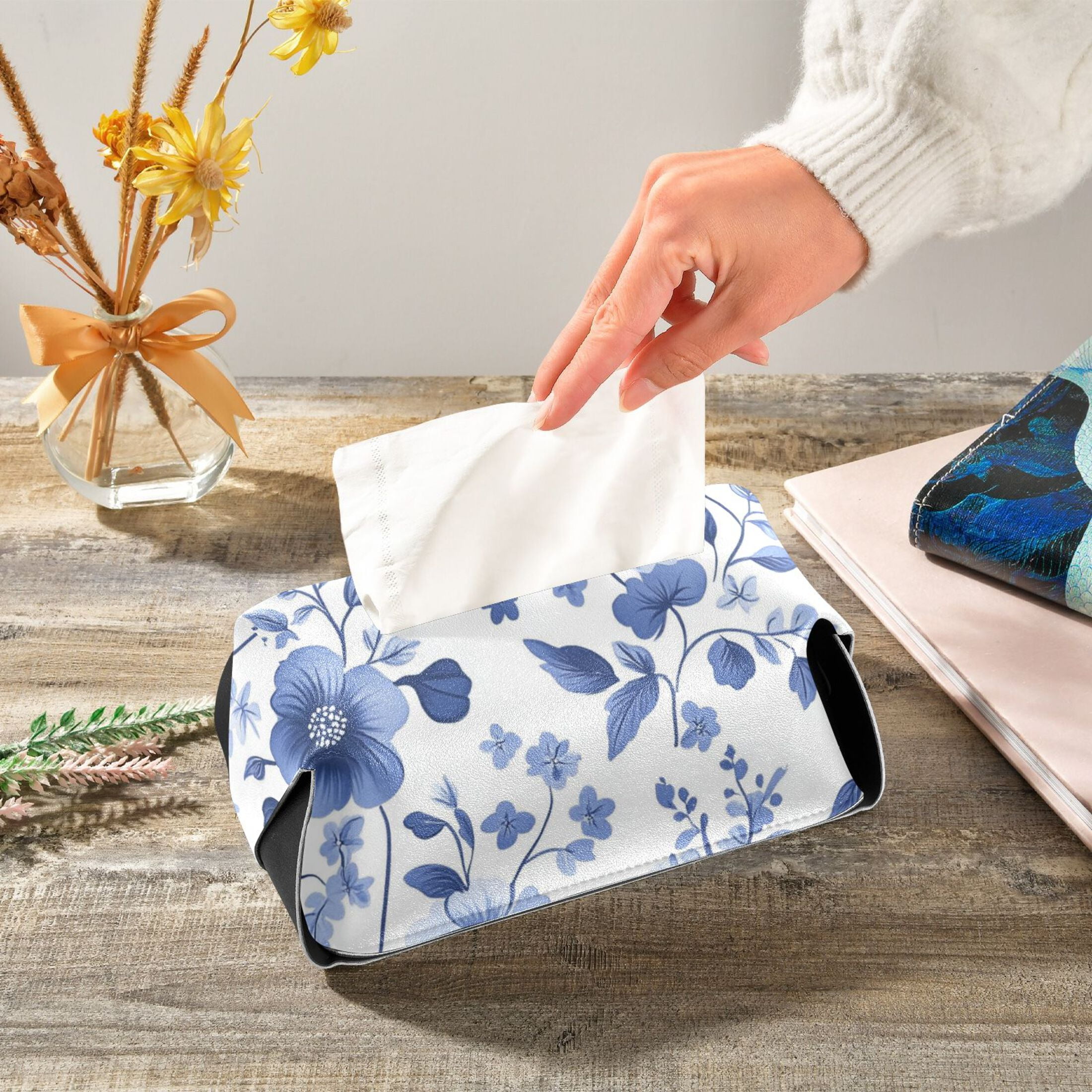 Blue Florals Leaves Pastel Style Leather Tissue Box Cover Rectangle ...