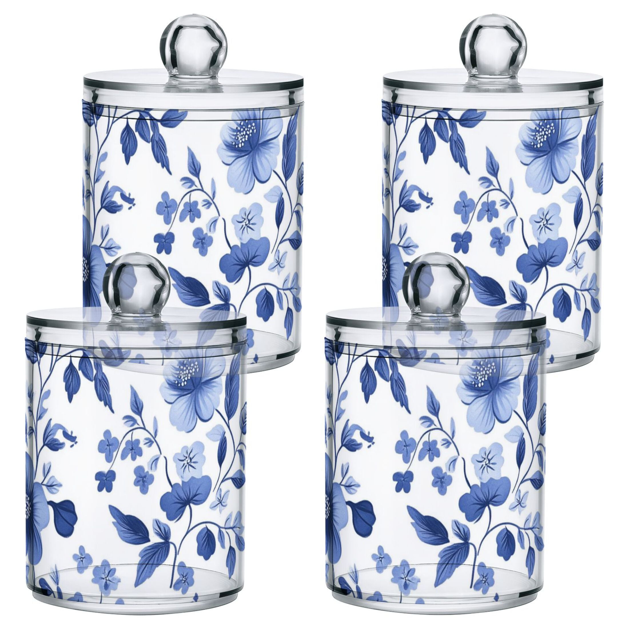 Blue Florals Leaves Pastel Style Translucent Plastic Cans Storage ...