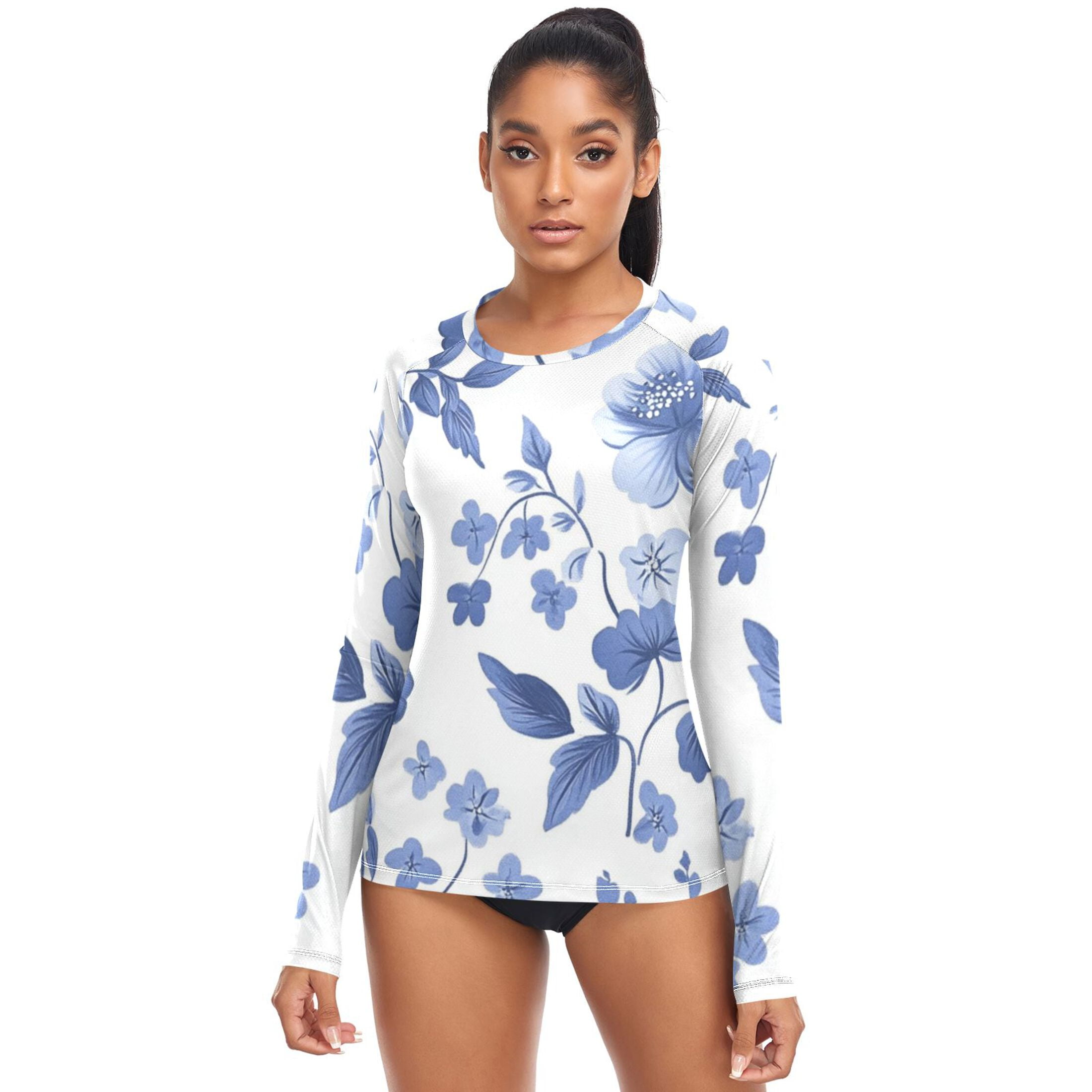Blue Florals Leaves Pastel Style Women's Rash Guard Shirts UPF 50+ Sun ...