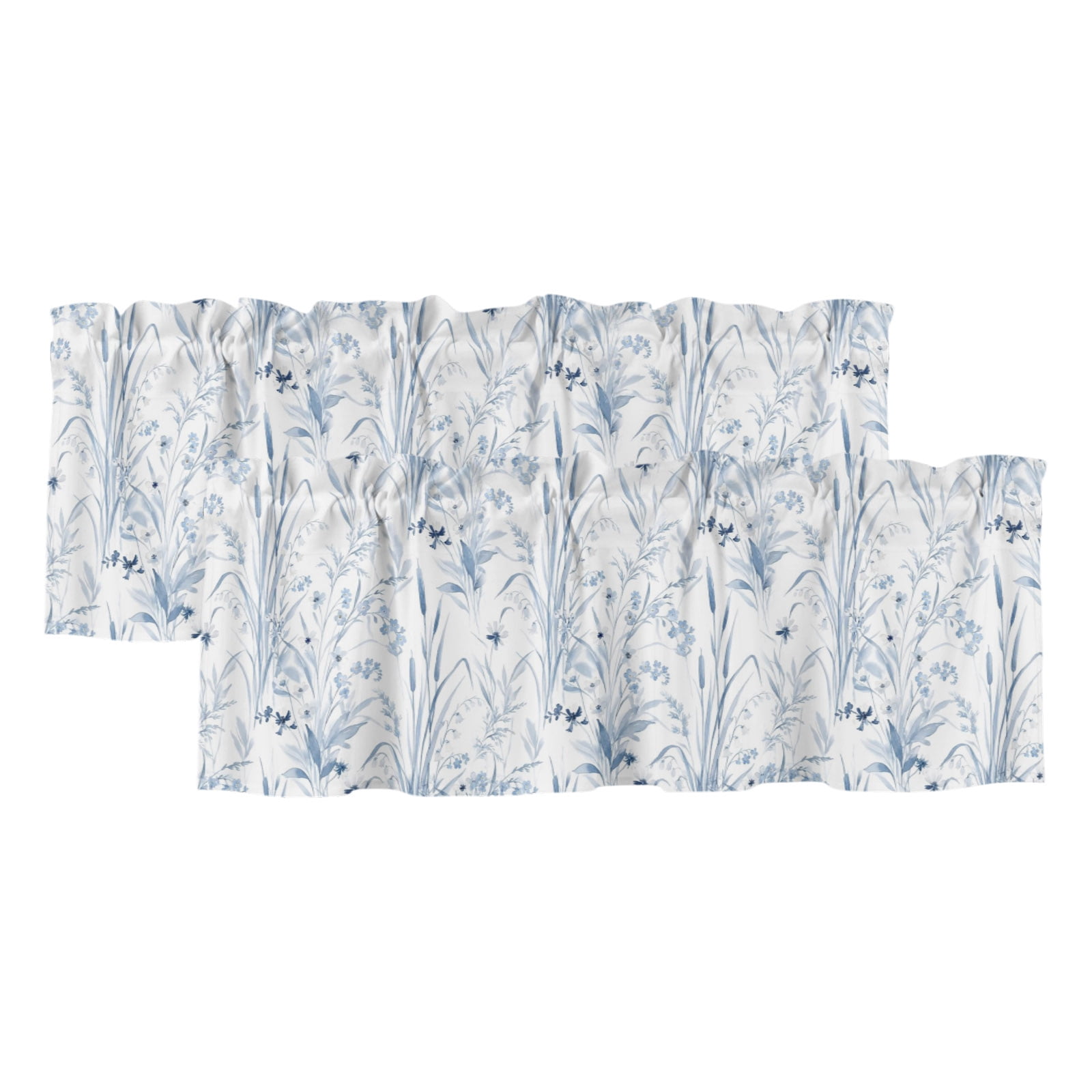 Blue Flower 2 Panels Kitchen Valance, Country Vintage Minimalist Floral ...