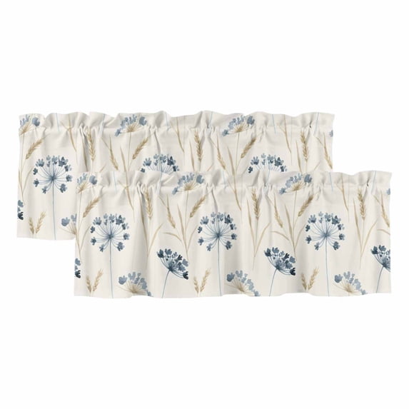 Blue Flower 2 Panels Kitchen Valance, Gold Wheat Country Abstract Plant ...