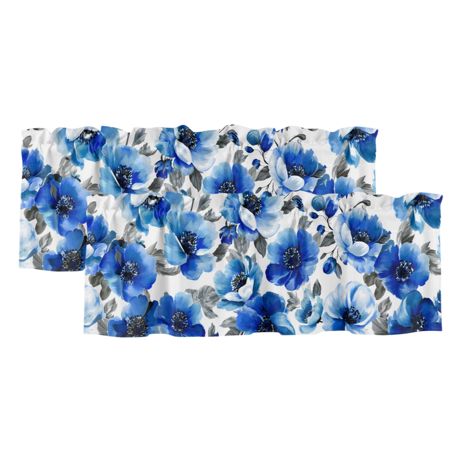 Blue Flower 2 Panels Kitchen Valance, Watercolor Gradient Blue White ...
