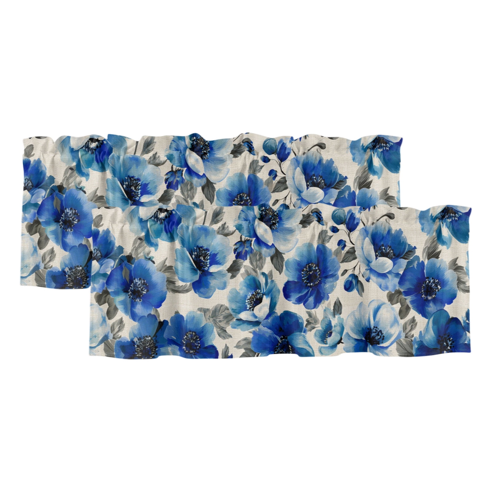 Blue Flower 2 Panels Kitchen Valance, Watercolor Gradient Blue White ...