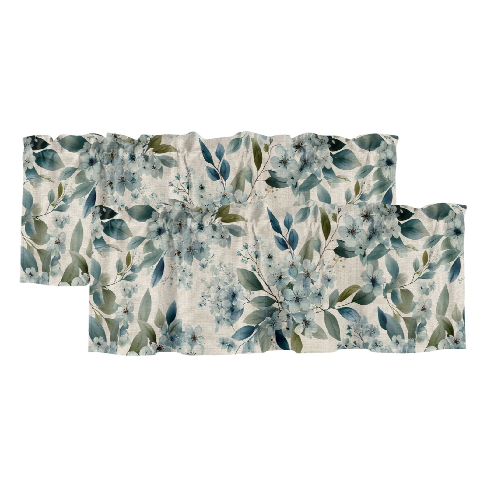 Blue Flower 2 Panels Kitchen Valance, Watercolor Spring Blue Floral ...