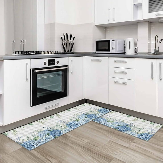 Blue Flower 2 Pieces Non-Slip Kitchen Mat Set Grey Plaid Hydrangeas ...