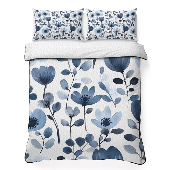 Blue Flower 3 Piece Quilt Bedding Set with 2 Pillow Shams, Retro Spring ...