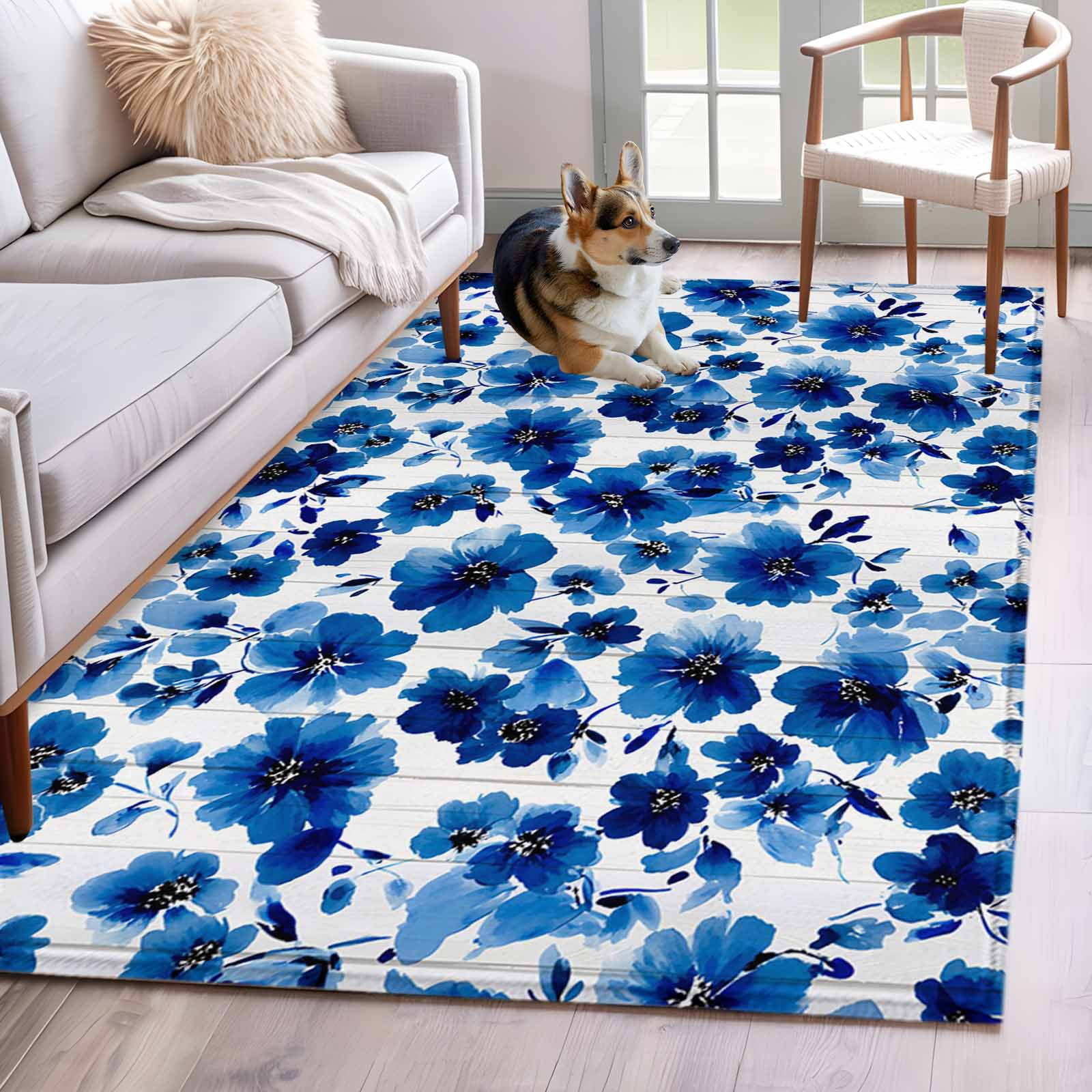 Blue Flower 3x5 Area Rugs for Living Room, Watercolor Floral Wood ...