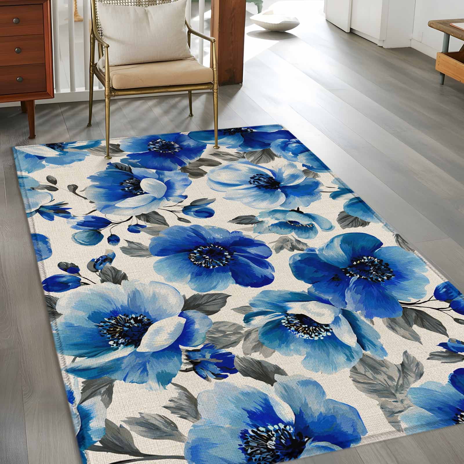 Blue Flower 3x5 Rug for Bedroom Foot of Bed Small Living Room ...