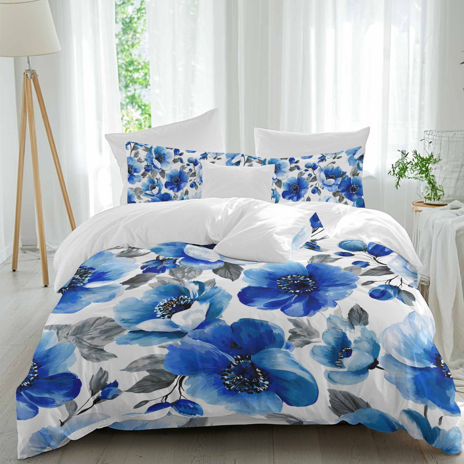 Blue Flower 4 Piece Duvet Cover Set Queen Size Watercolor Gradient Blue ...