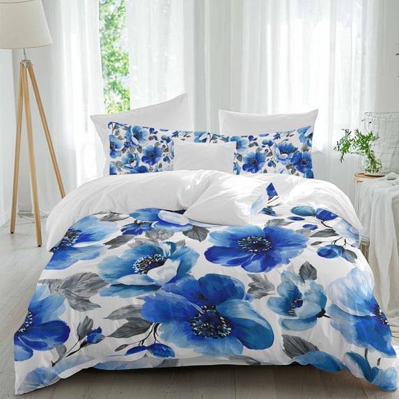 Blue Flower 4 Piece Duvet Cover Set Queen Size Watercolor Gradient Blue ...