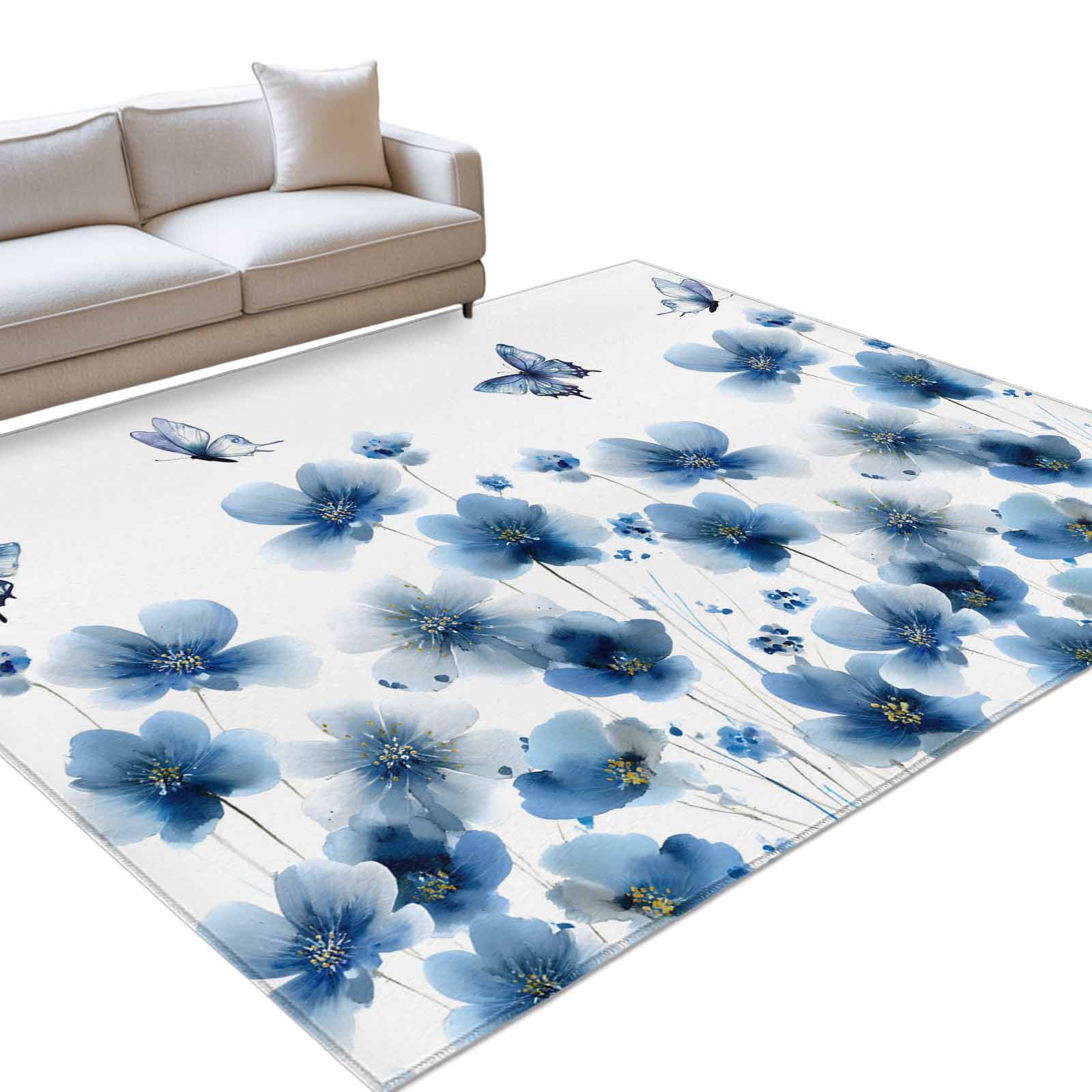 Blue Flower 4x6ft Non Slip Area Rug Watercolor Spring Blue Floral ...