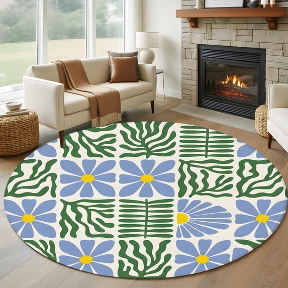 Blue Flower 5FT Round Area Rugs for Living Room Green Curve Abstract ...