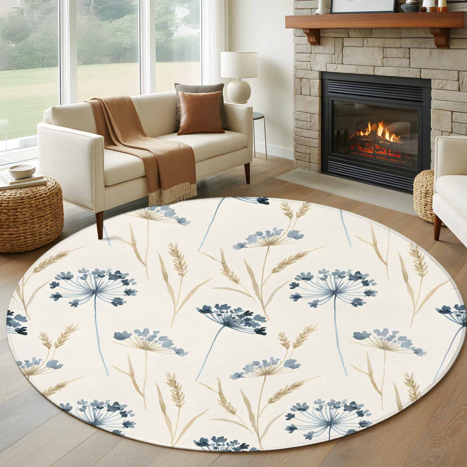 Blue Flower 6FT Round Area Rugs for Living Room Gold Wheat Country ...