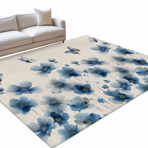 Blue Flower 6x9ft Non Slip Area Rug Watercolor Spring Blue Floral ...