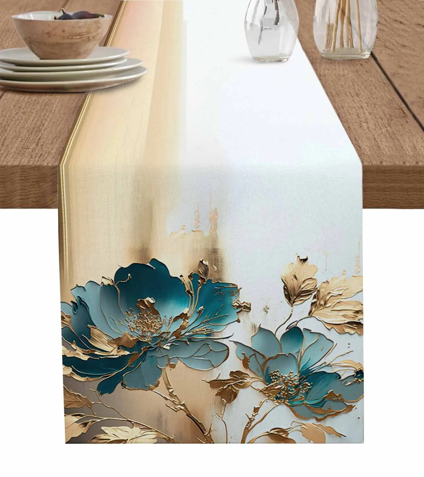 Blue Flower Abstract Art Table Runner Home Wedding Table Flag Mat Table ...