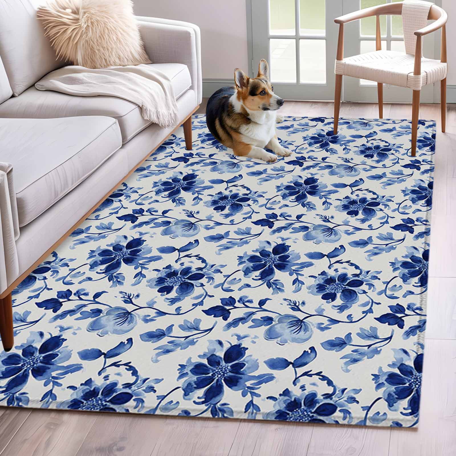 Blue Flower Area Rug 3x5 Washable Rug Non Slip Country Watercolor ...