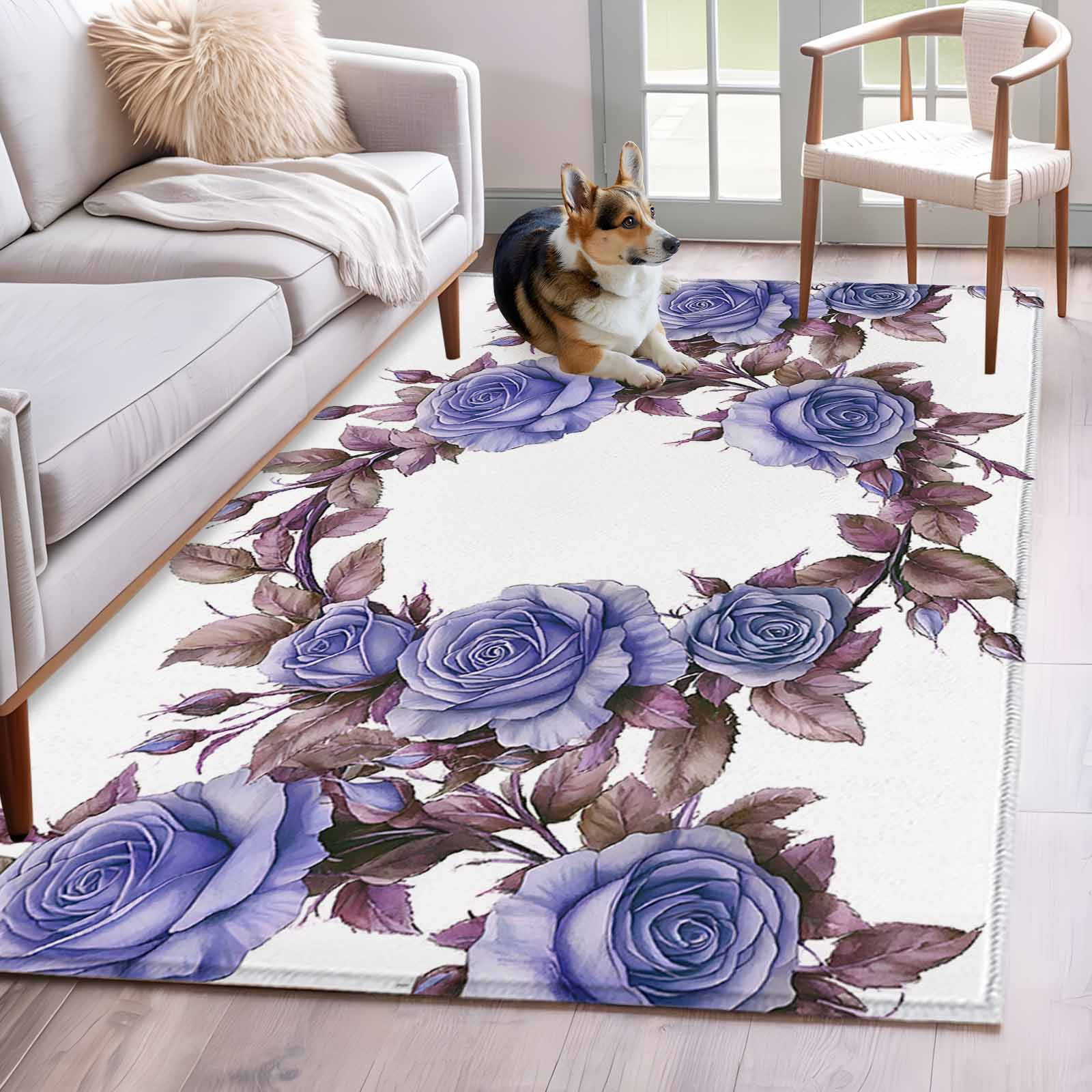 Blue Flower Area Rug 4x6 Washable Rug Non Slip Farmhouse Pastoral Rose ...