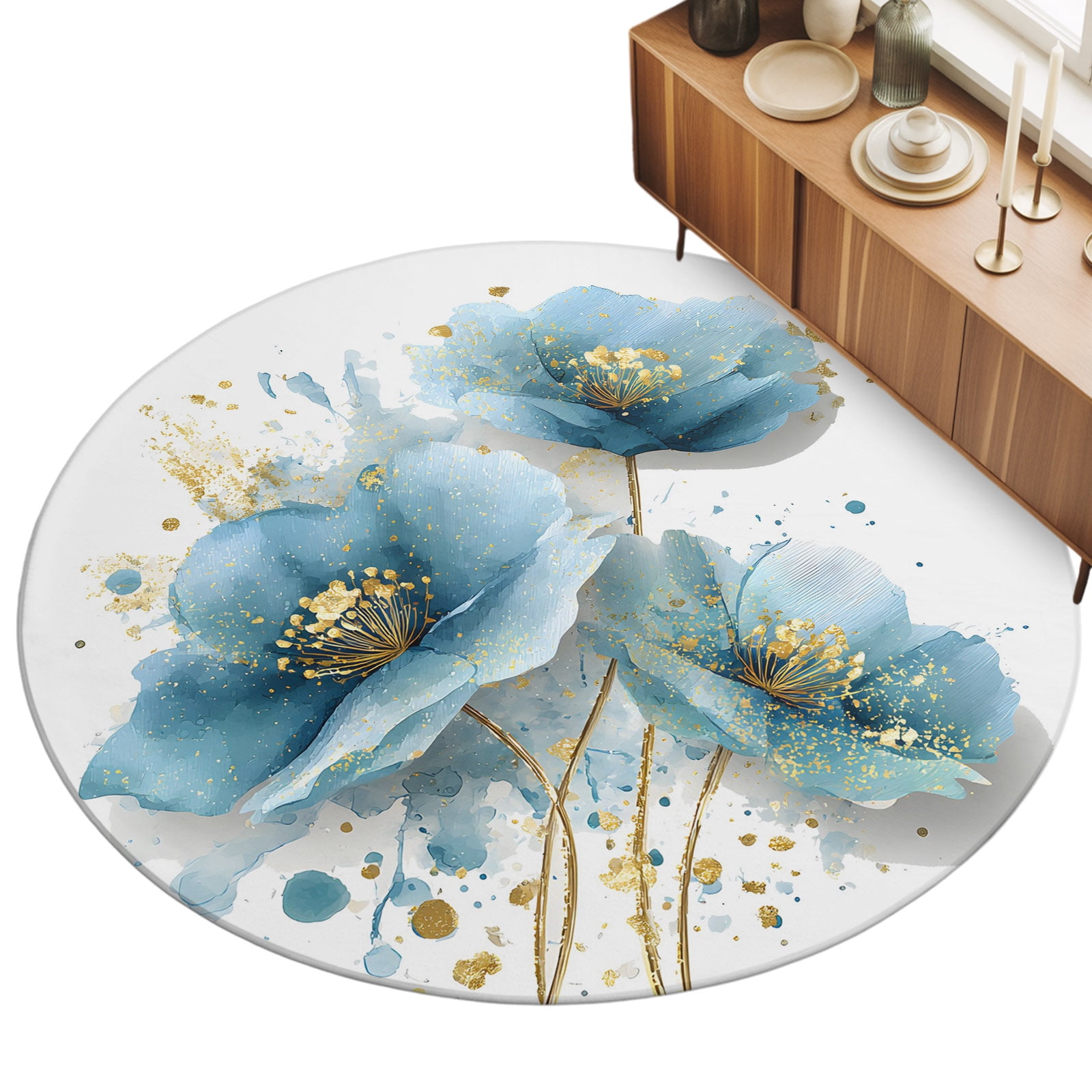 Blue Flower Area Rugs 3.3' (Round) Watercolor Floral Abstract Modern ...
