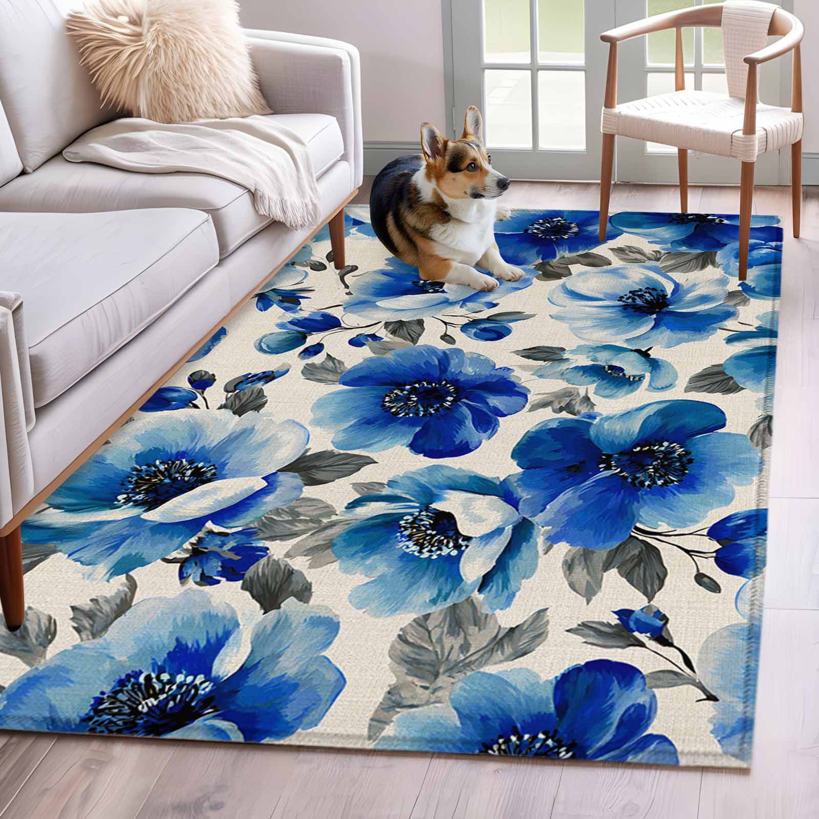 Blue Flower Area Rugs 3x5 ft Watercolor Gradient Blue White Floral Grey ...