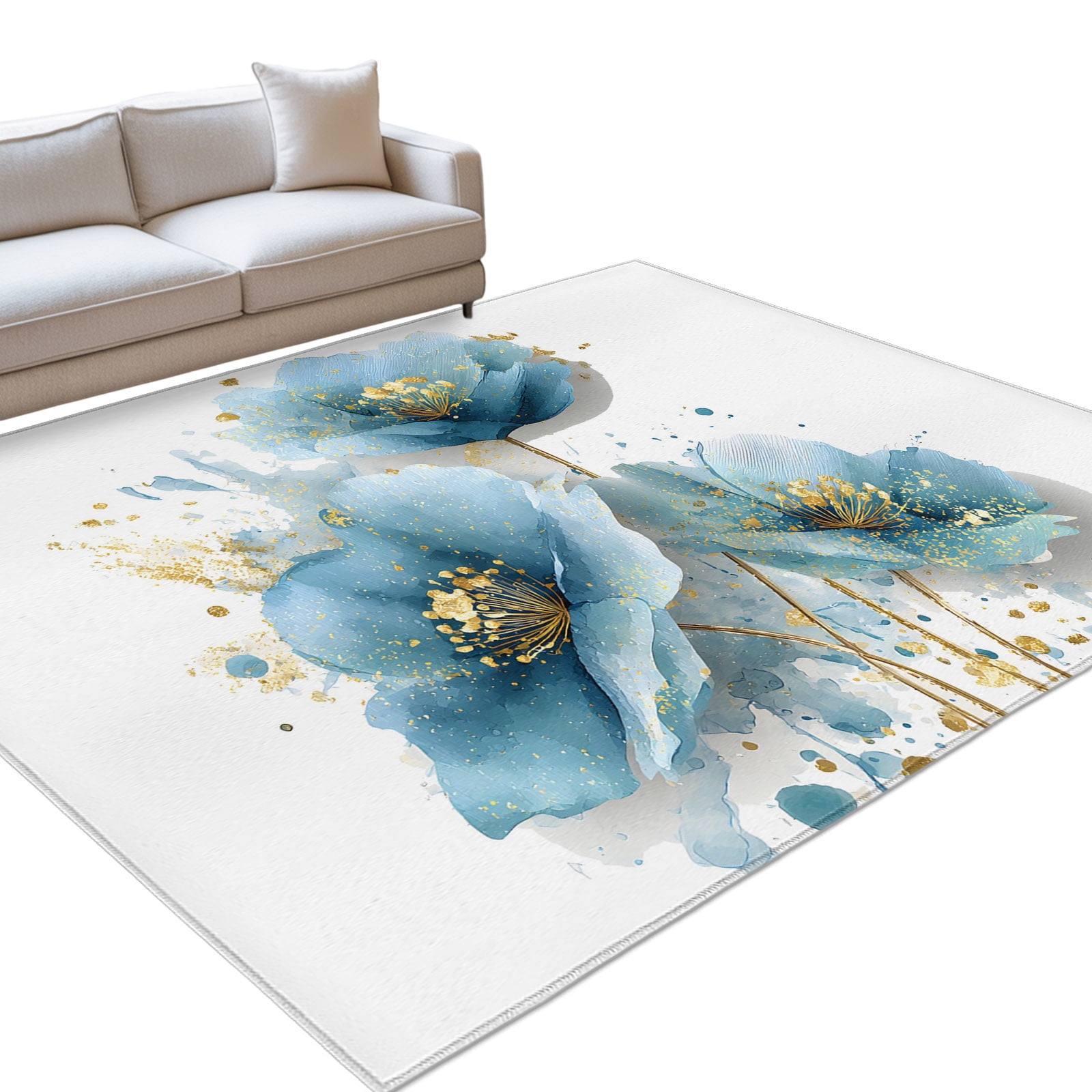 Blue Flower Area Rugs 3x5ft Watercolor Floral Abstract Modern ...