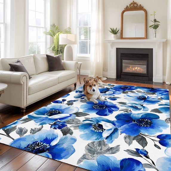 Blue Flower Area Rugs 5x7 ft Watercolor Gradient Blue White Floral Grey ...