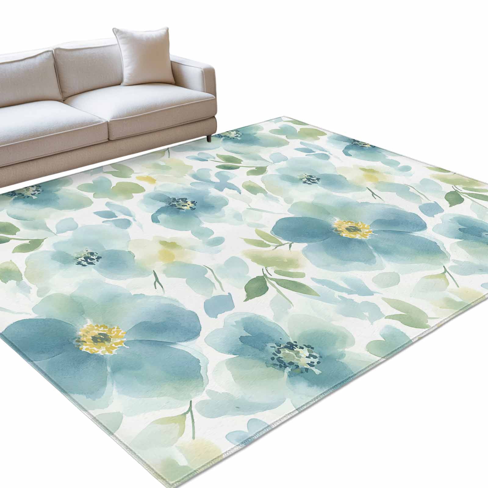Blue Flower Area Rugs 5x8ft Watercolor Spring Floral Floor Rug Non Slip ...