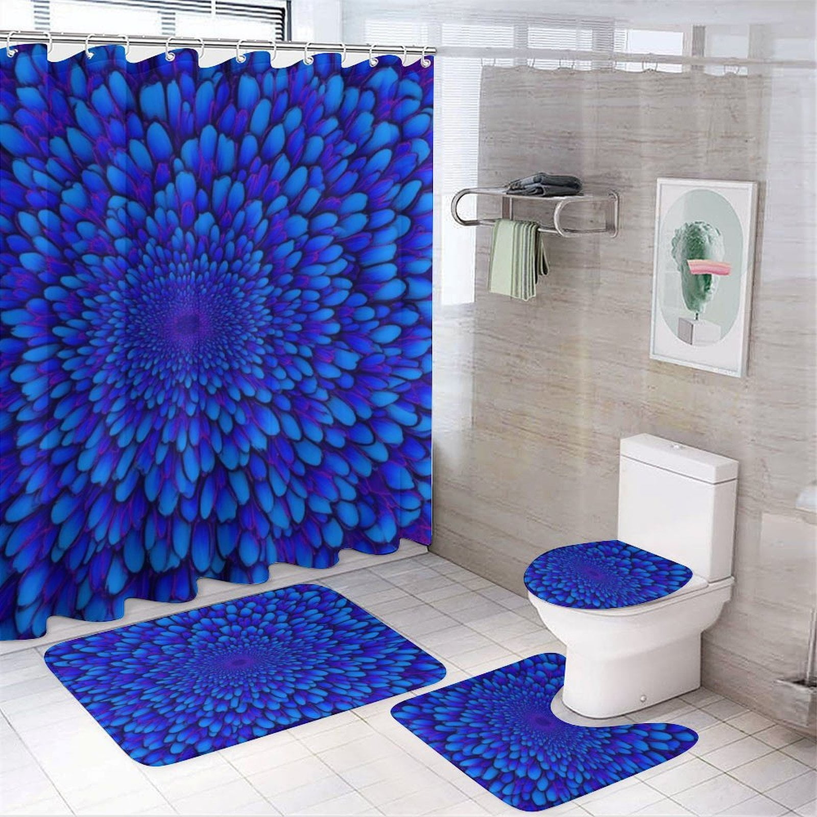Blue Flower Art Details 4 Pcs Bathroom Shower Curtain Set, Bathroom ...