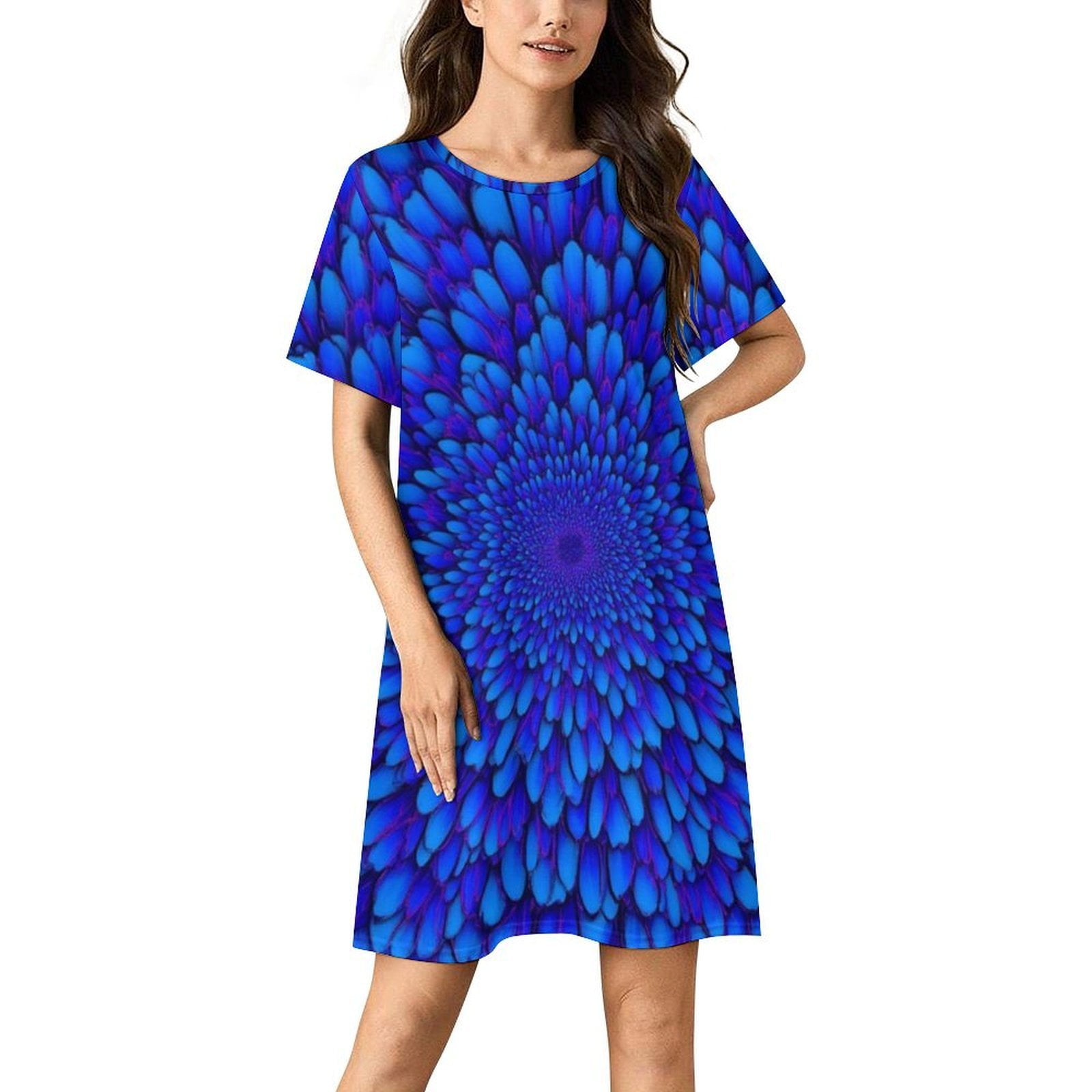 Blue Flower Art Details Women Nightgown Sleepwear Short Sleeves For ...