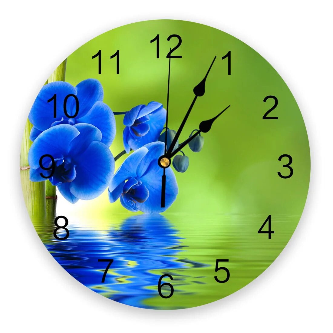 Blue Flower Bamboo Water Wave Wall Clock Home Decor Bedroom Silent ...