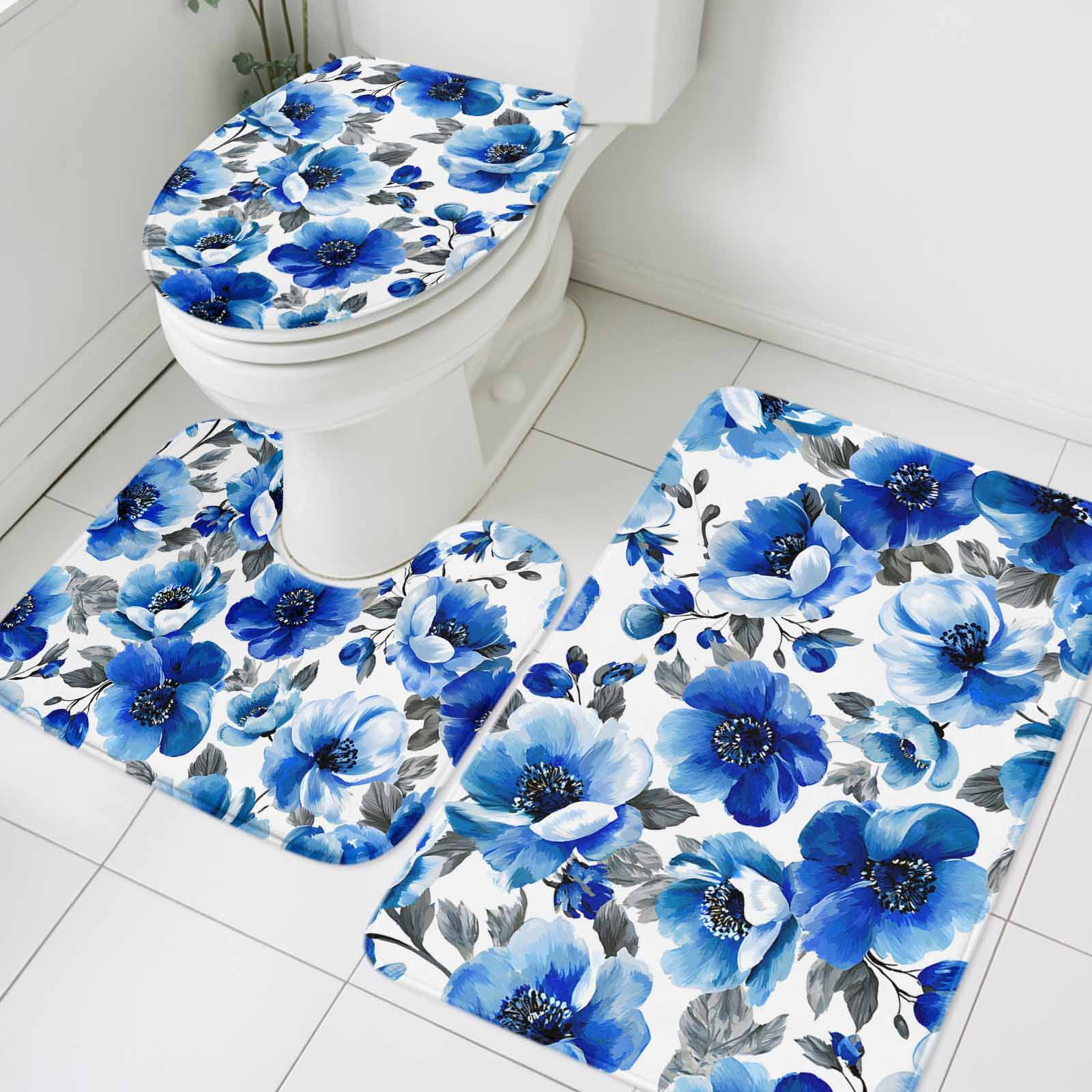 Blue Flower Bathroom Rugs Set Watercolor Gradient Blue White Floral ...