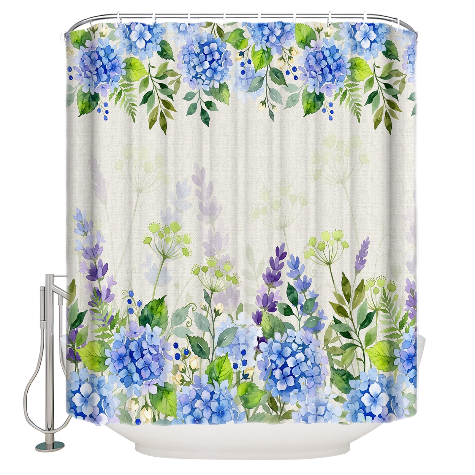Blue Flower Bathroom Shower Curtains with 12 Hooks Polyester Waterproof ...