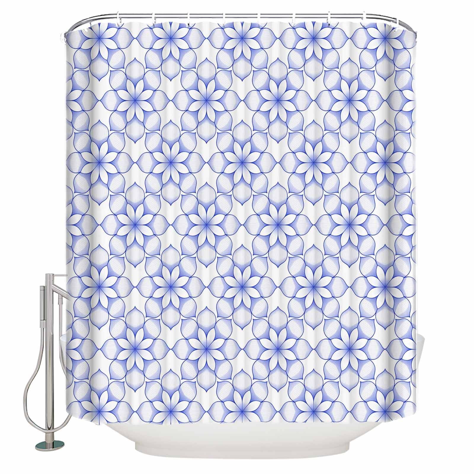 Blue Flower Bathroom Shower Curtains with 12 Hooks Polyester Waterproof ...