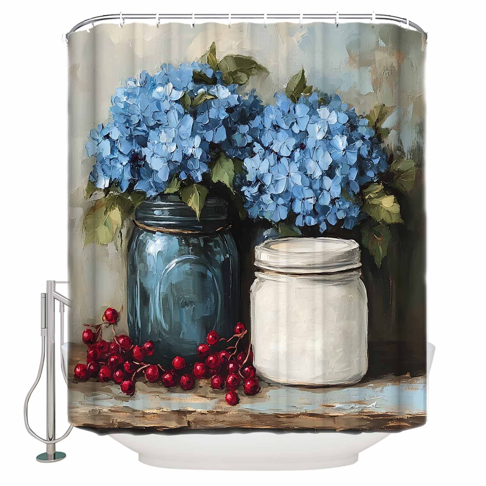 Blue Flower Bathroom Shower Curtains with 12 Hooks Polyester Waterproof ...