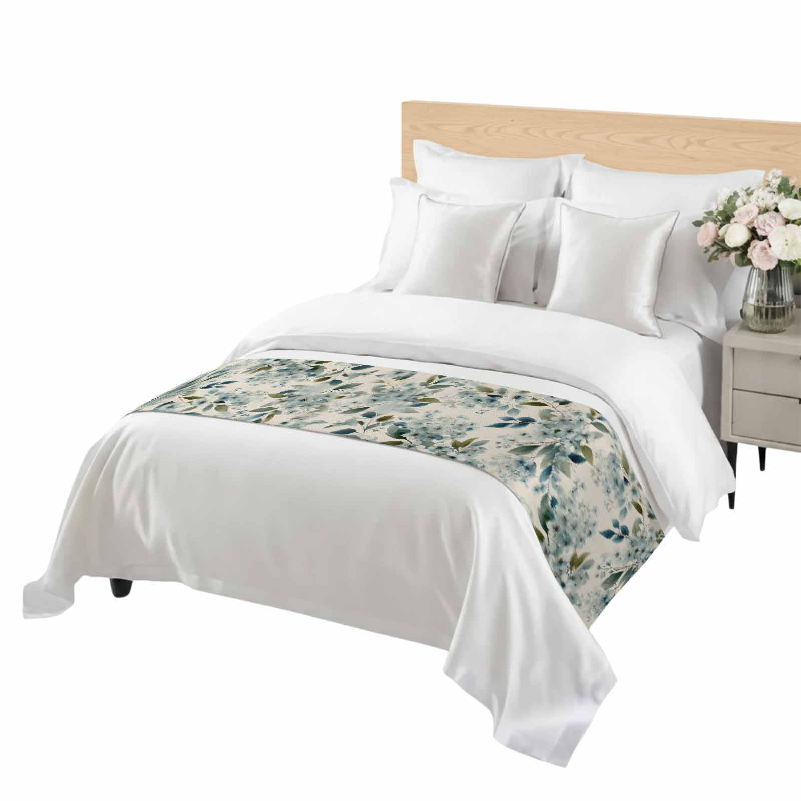 Blue Flower Bed Runner Cal King Size Watercolor Spring Blue Floral ...